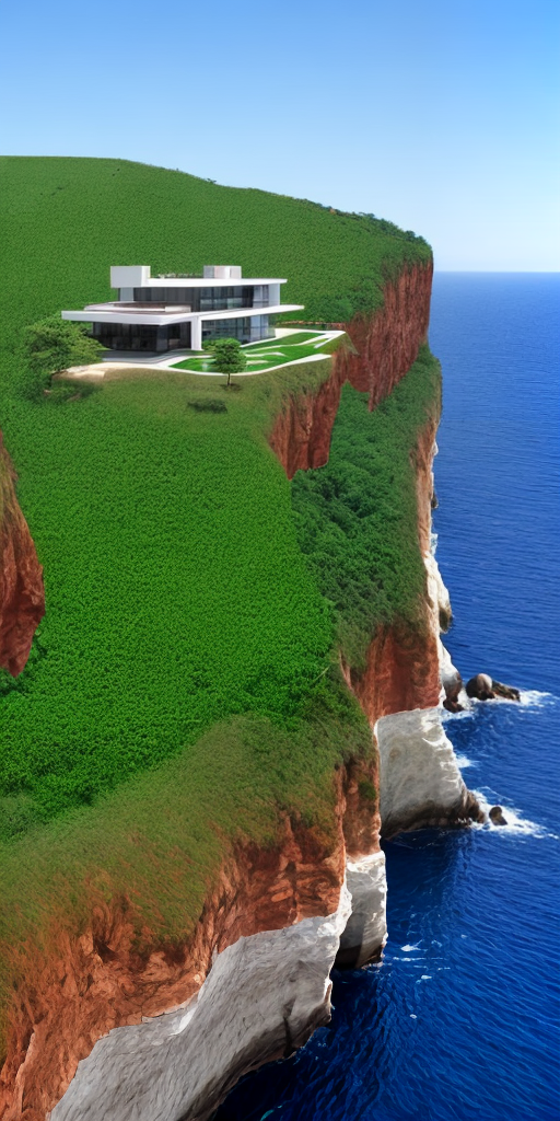 a realistic photo of a modern mansion on a cliff