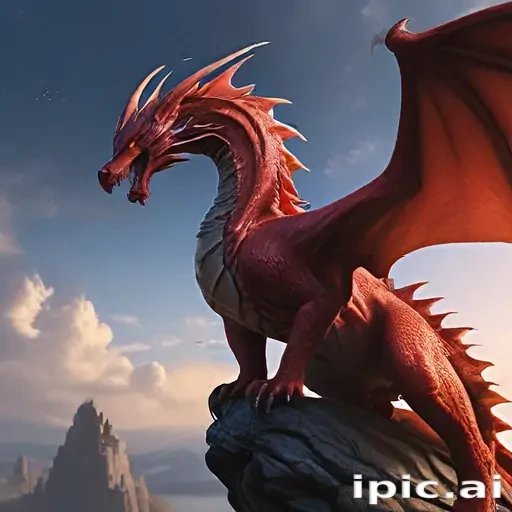 Majestic Red Dragon Perched on a Rocky Mountain Under a Dramatic Sky