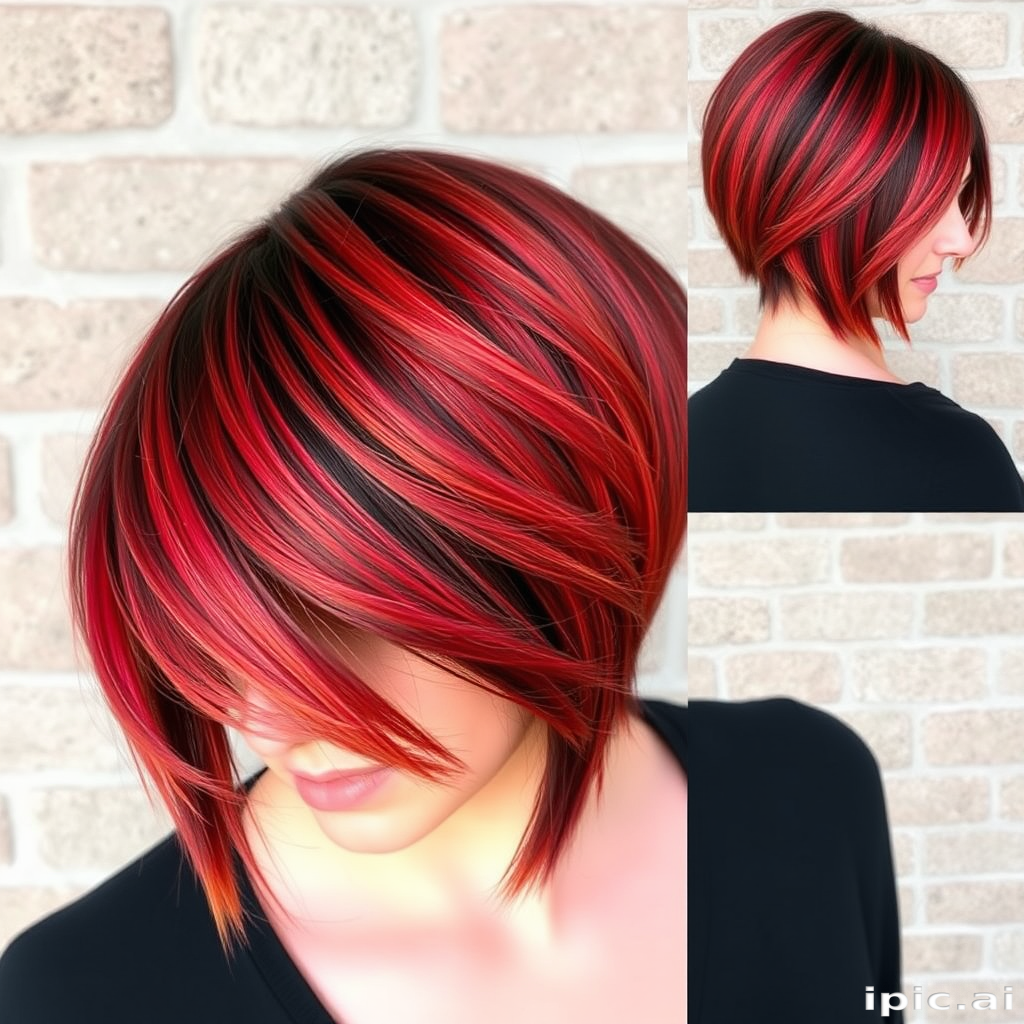Vibrant Red and Black Layered Bob Hairstyle Perfect for a Bold Look