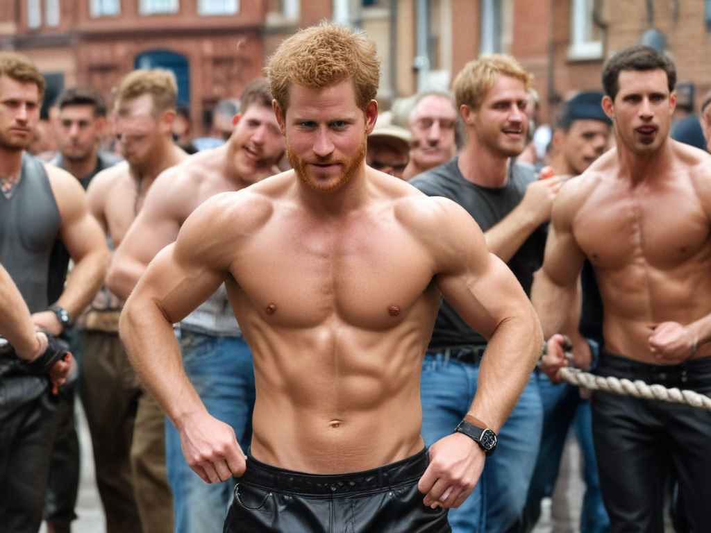 prince harry and a group of men, all in leather shirst, flexing their ...