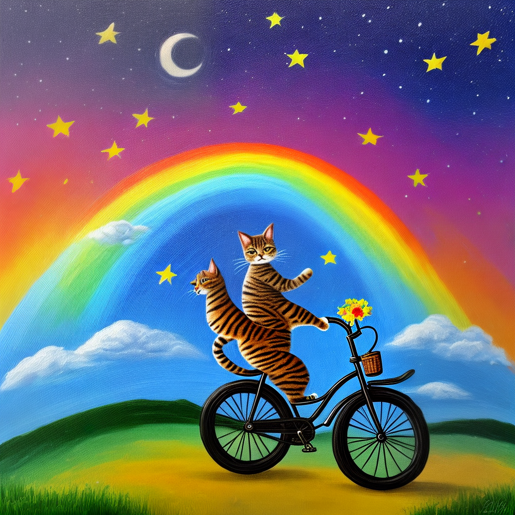 Oil canvas of a cat riding through the stars on a rainbow bicycle