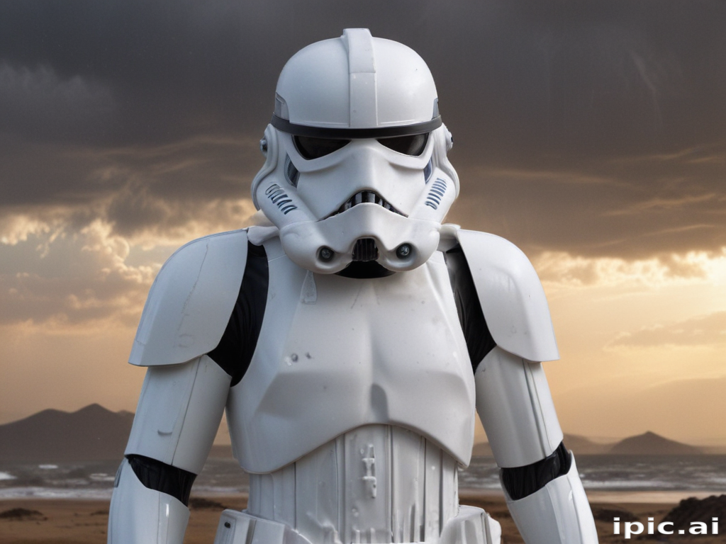 Stormtrooper Standing Boldly on a Beach Under Dramatic Stormy Skies