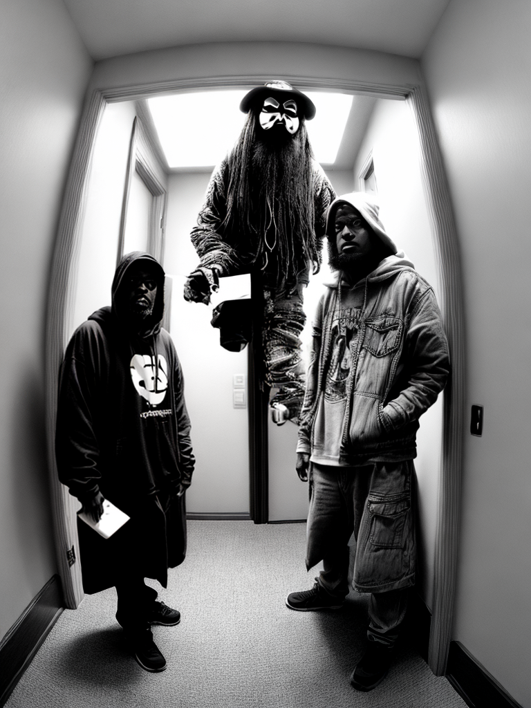 MF DOOM and Jesus Christ in a hallway fish eye camera