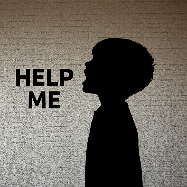 Silhouette of a Child Calling Out for Help Against a Wall