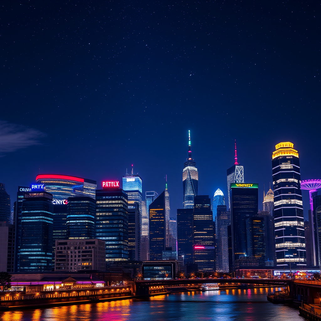 Stunning Night View of a Vibrant City Skyline Illuminated by Colorful ...