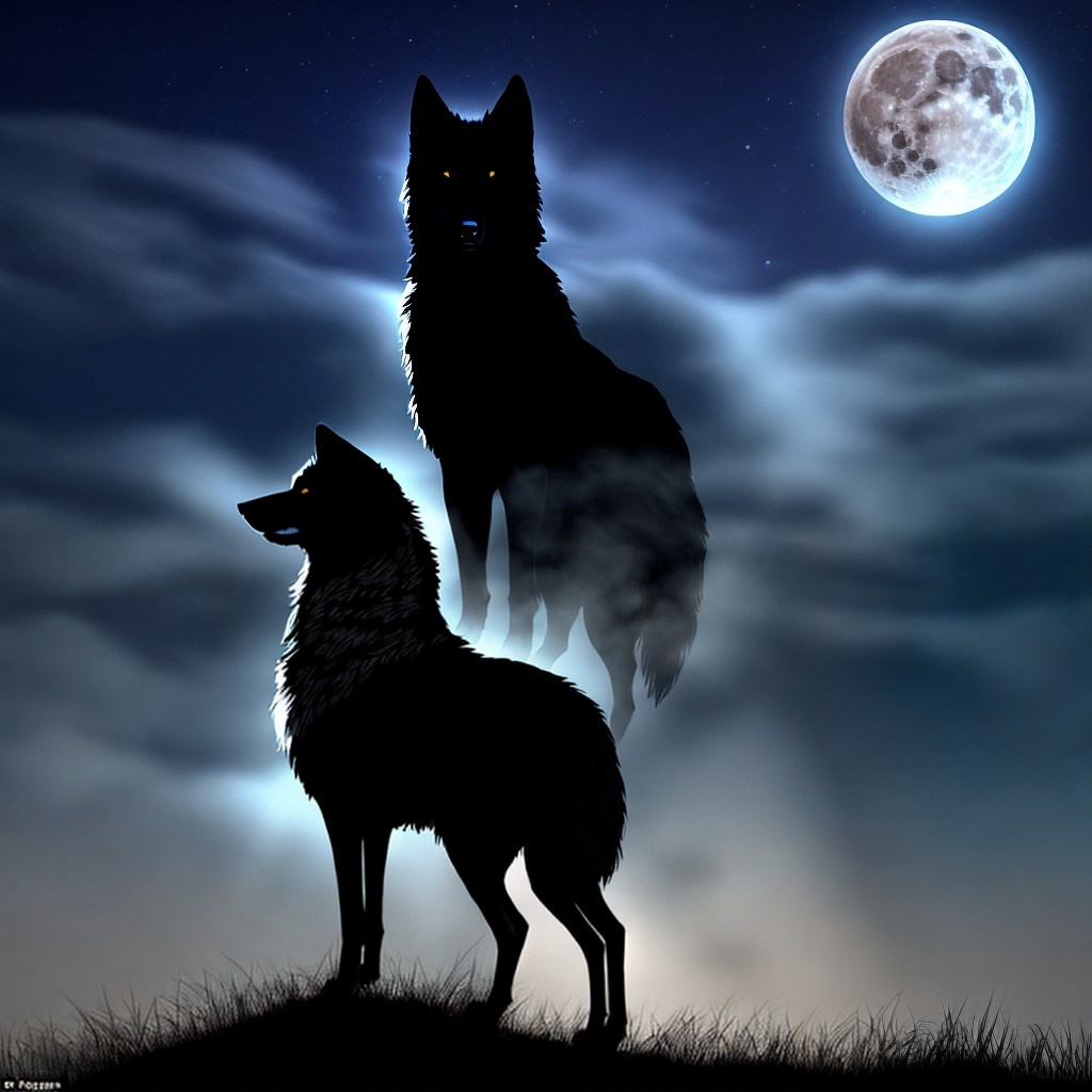 featuring a wolf crafted from shadows and mists, adorned with glowing ...