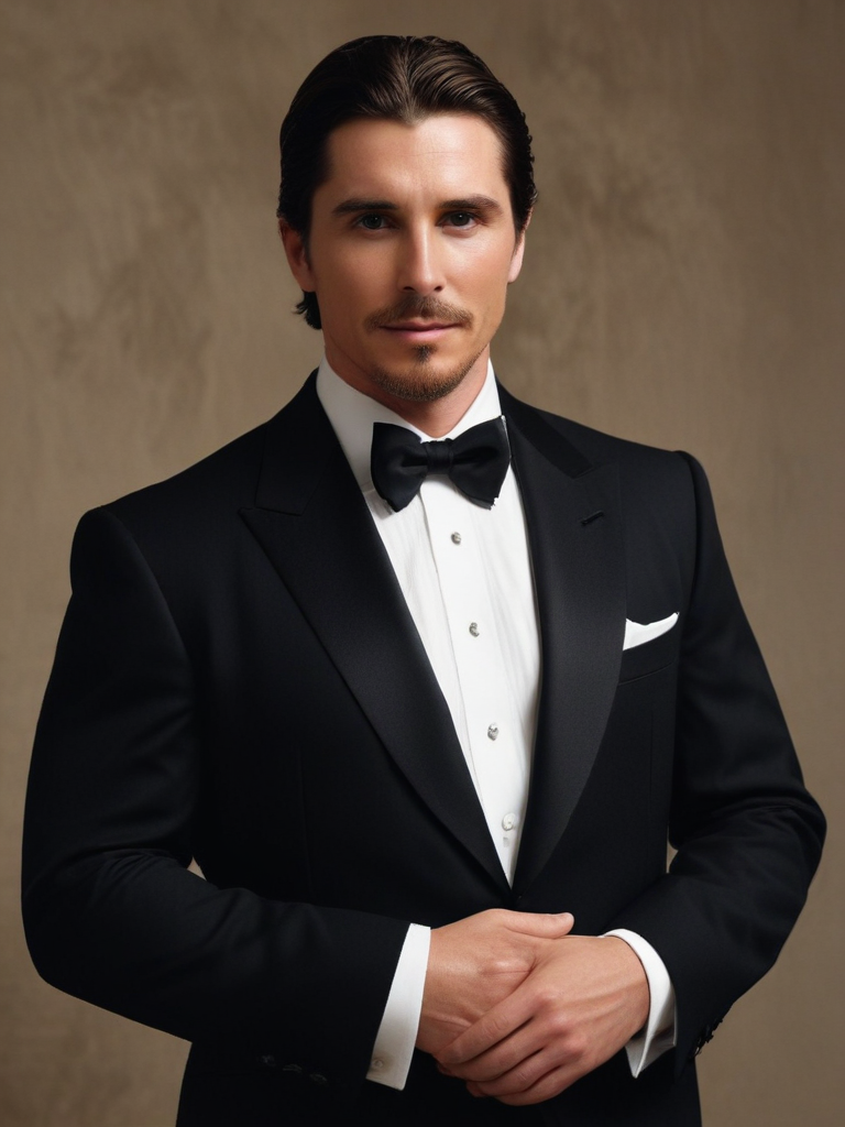 Christian Bale in tuxedo, muscle, full body