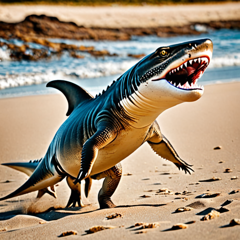 big lizard pounces on a shark