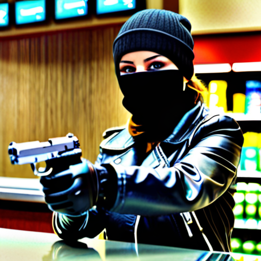 Bank robbery by a woman, leather jacket, black leather gloves, ski-mask ...
