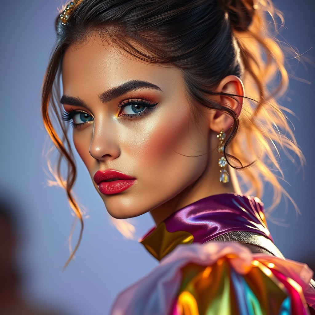 Stunning Portrait of a Fashion Model with Vibrant Makeup and Elegant Style
