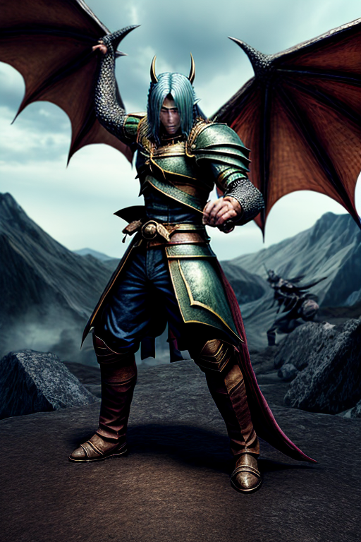 dragon slayer Standing over a slain dragon (fantasy scene)