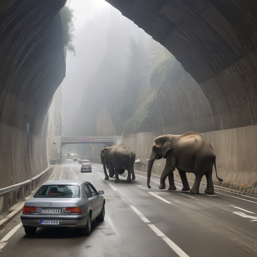 elephants going through the mont blanc tunnel with cars