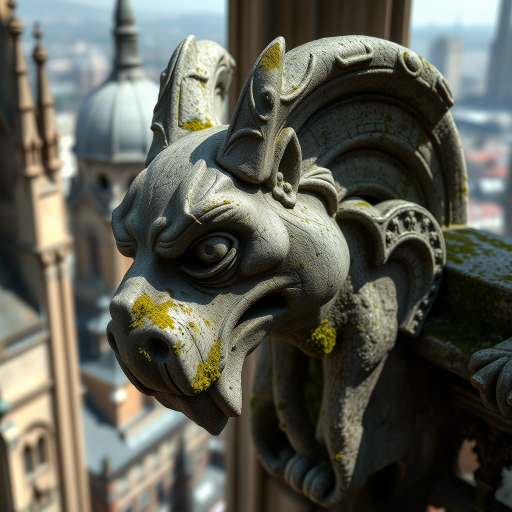 Intricate Stone Gargoyle Perched on Cathedral, Overlooking an Ancient ...