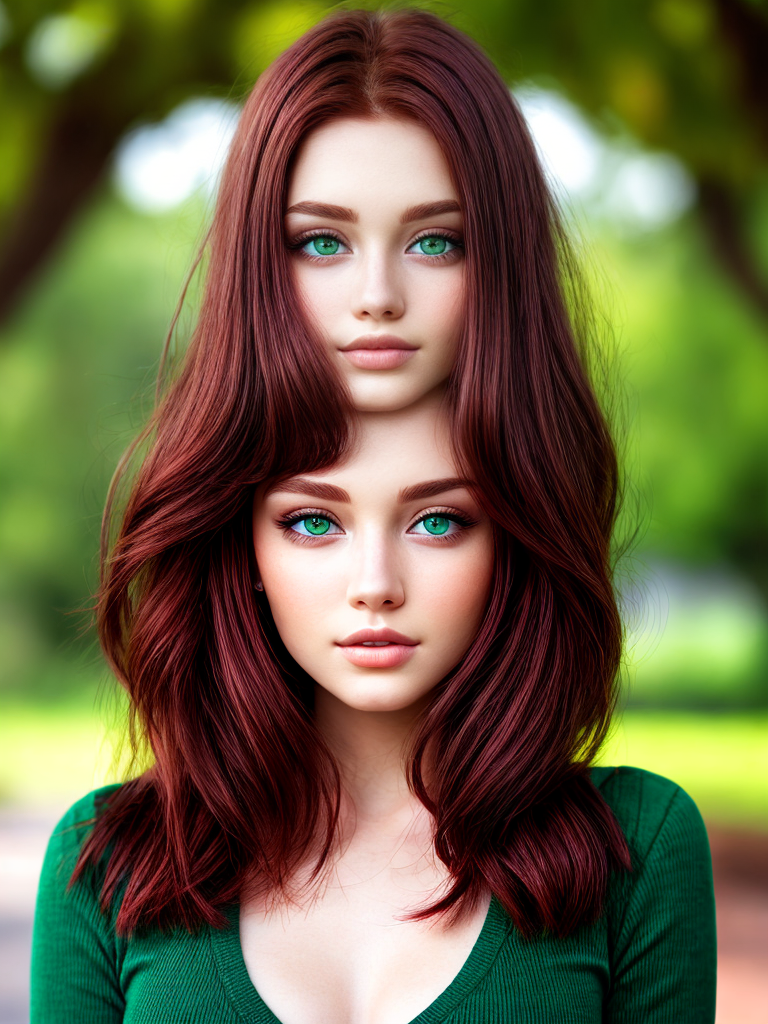 Dark red hair, almond eyes, emerald green eyes, female, pretty