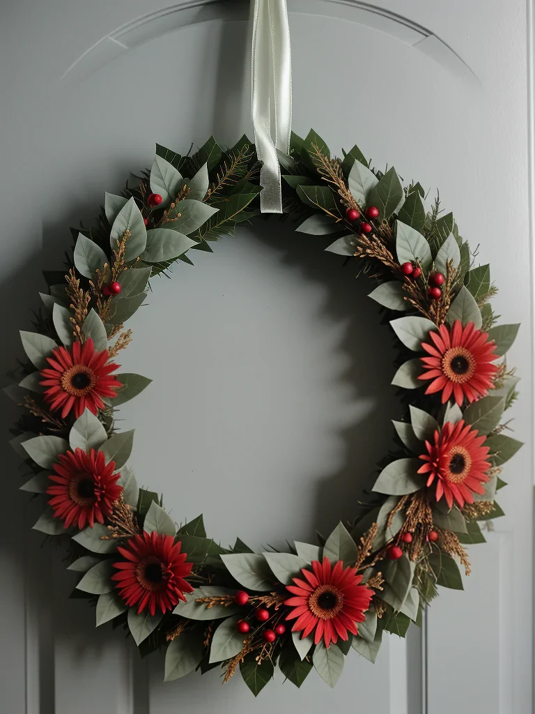 Beautiful Floral Wreath Decorated with Red Flowers and Green Leaves