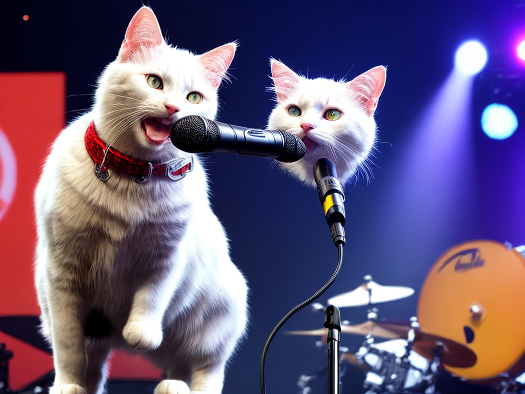 white cat singing on stage with a microphone, rock band in background