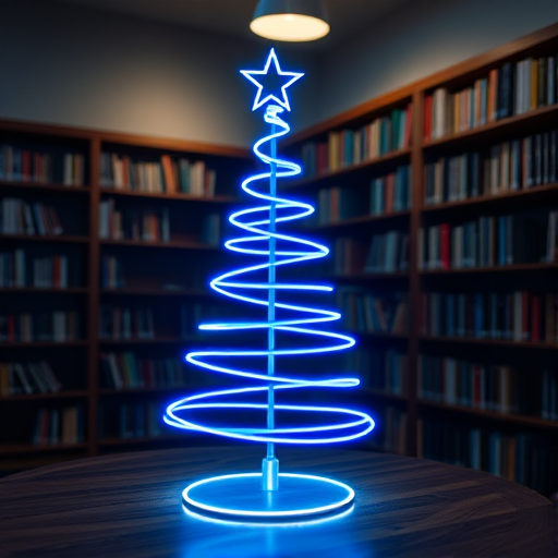 Bright Blue Neon Christmas Tree Shining in a Cozy Library Setting