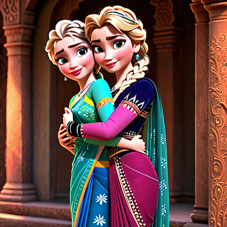 Elsa and Anna together hugs in saree indian 3D Disney