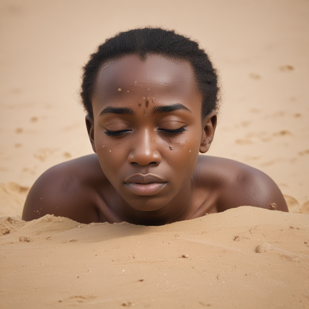 sad african god crying while being solemn down on sand