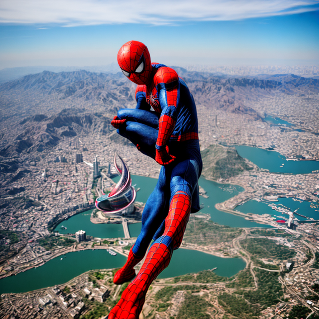 "A Spider-Man in Iran clinging to the Milad Tower and observing people."