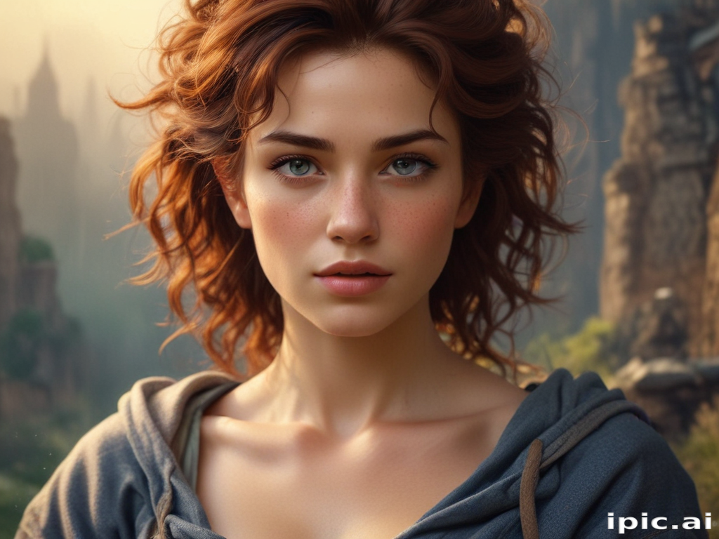 Portrait of a Young Woman with Wavy Hair Against a Majestic Landscape