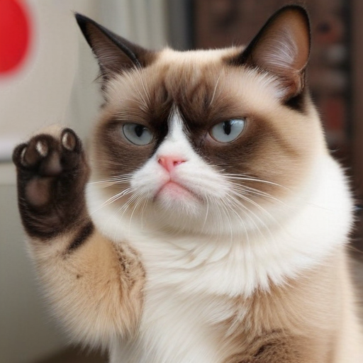 Grumpy cat with a Korean hart signal on his hand
