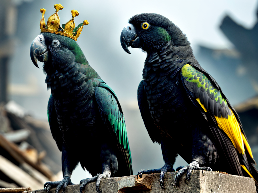 Black parrot with yellow eyes and white crown in a destroyed place ...