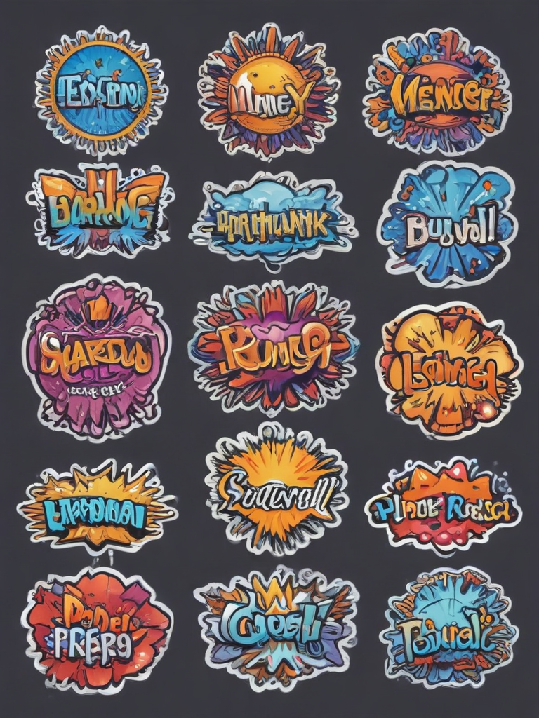 Colorful Graffiti Style Stickers Featuring Unique Names and Designs