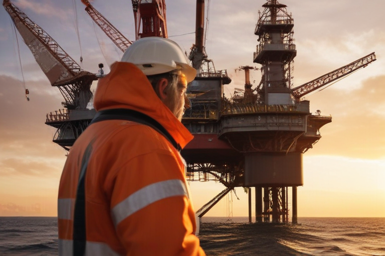OFFSHORE OIL RIG WITH MAN IN SAFETY JACKET SUNSET HD QUALITY IOHSSG LOGO