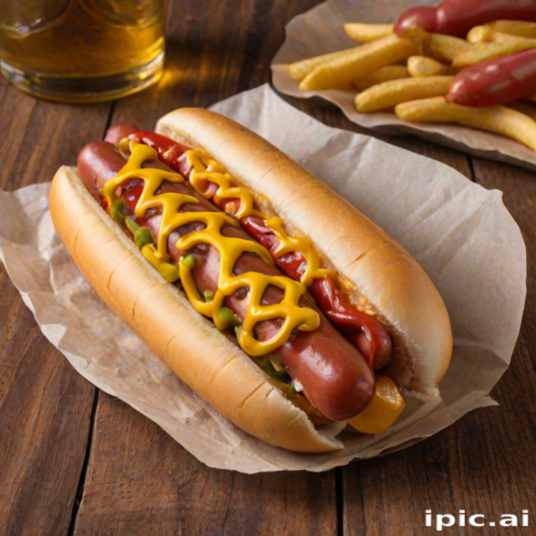 Delicious Hot Dog with Mustard and Ketchup Served with Crispy Fries