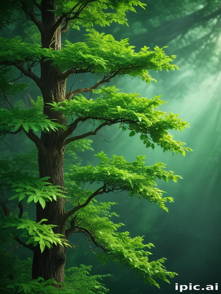 Majestic Green Tree Bathed in Soft Light in a Serene Forest