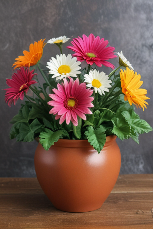 beautiful clay pot with vibrant gigantic colourful daisies, hyper ...