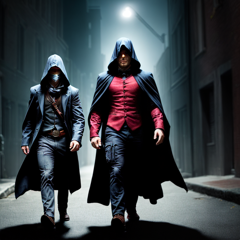 a shady cloaked merchant and a client in a dark alley way conducting ...