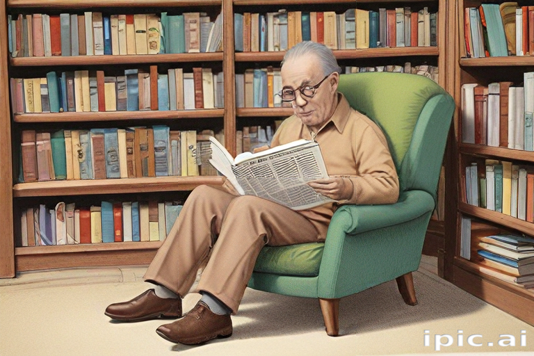 A Thoughtful Elderly Man Enjoys Reading a Newspaper in a Cozy Library