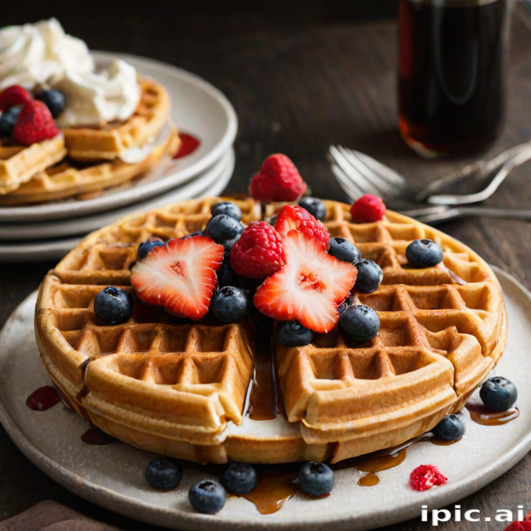 Deliciously Stacked Waffles Topped with Fresh Berries and Maple Syrup