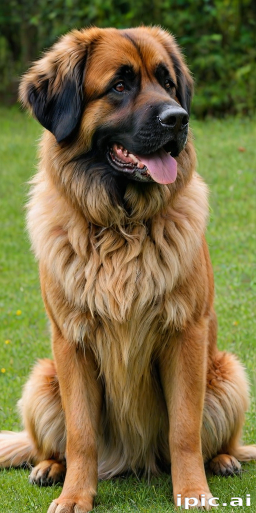 A Majestic Leonberger Dog Sitting Gracefully on a Lush Green Lawn.