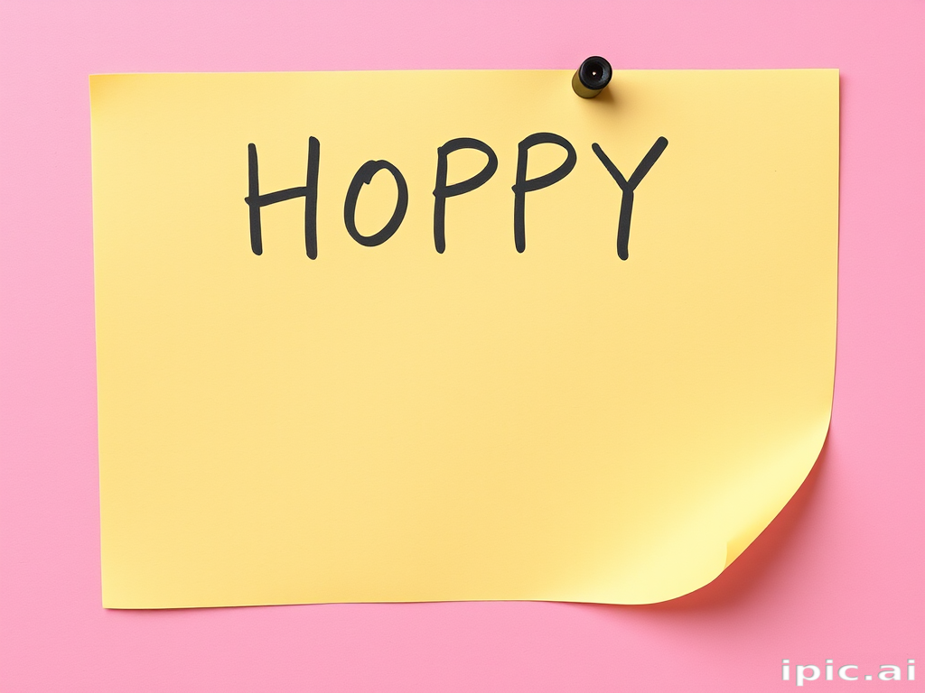Bright Yellow Sticky Note with the Word 'Hoppy' on Pink Background
