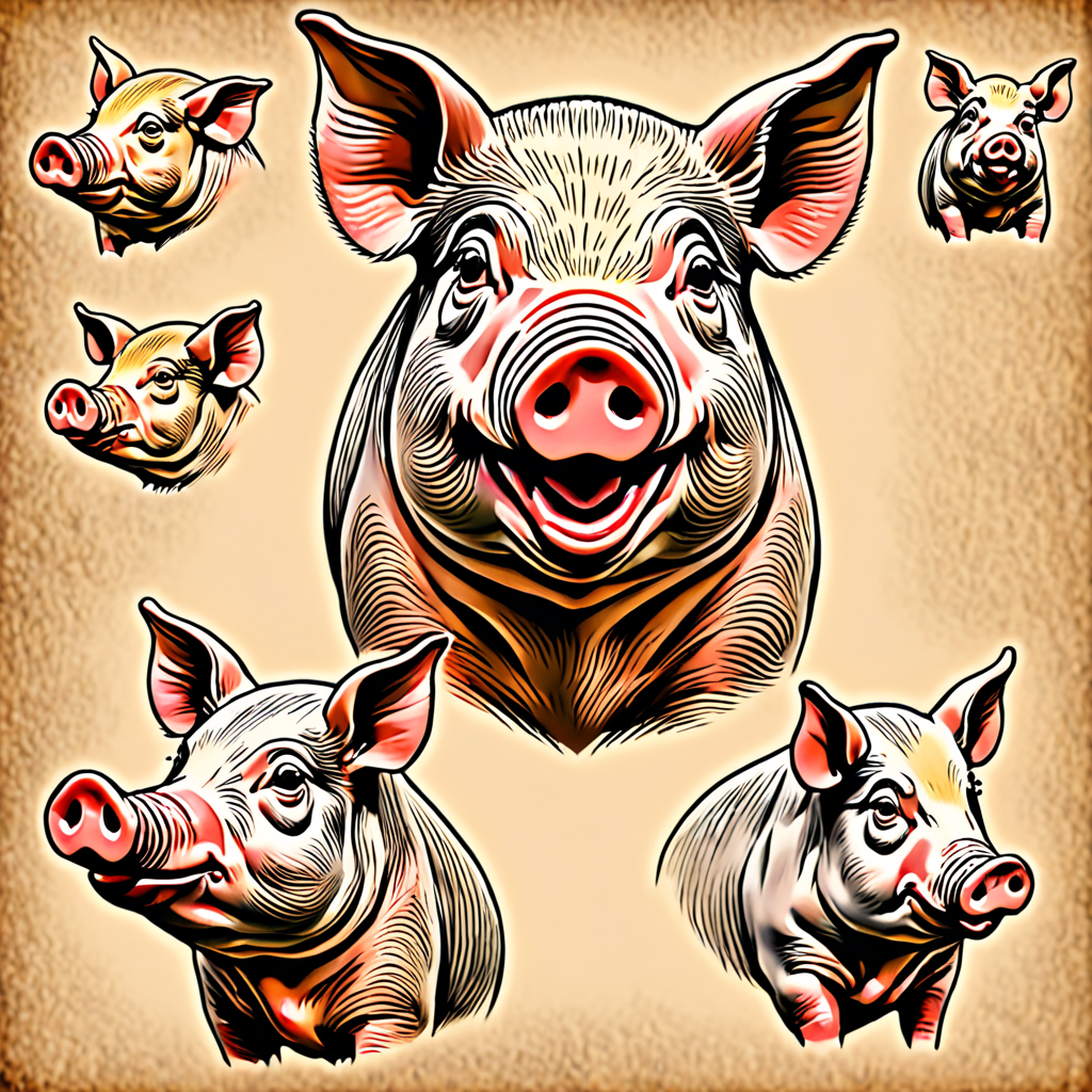 Pig head, hachuras, draw, skecth, multiple angles
