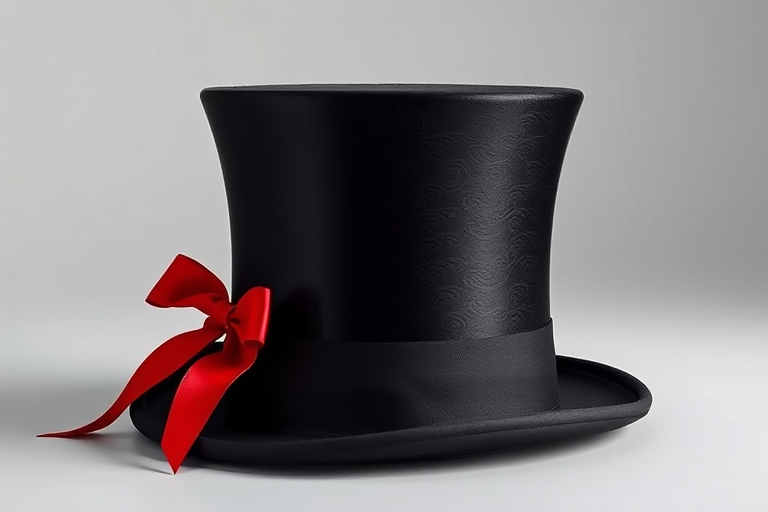 Create a high-resolution illustration of a classic black top hat with a ...