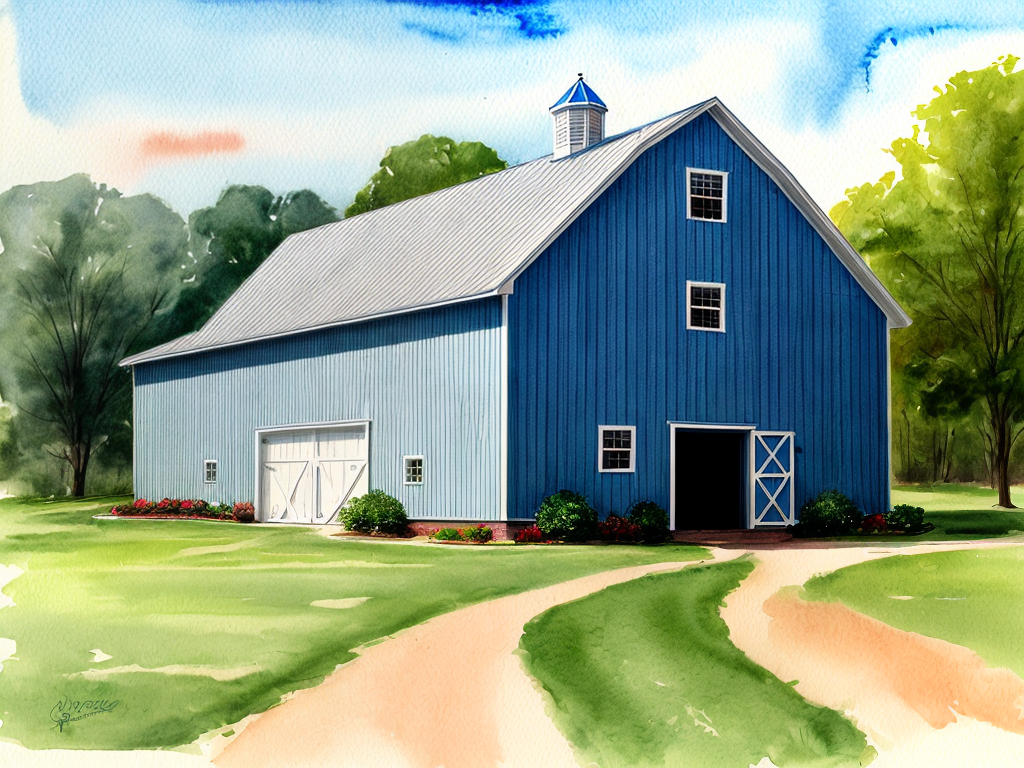 Water color, blue vintage barn