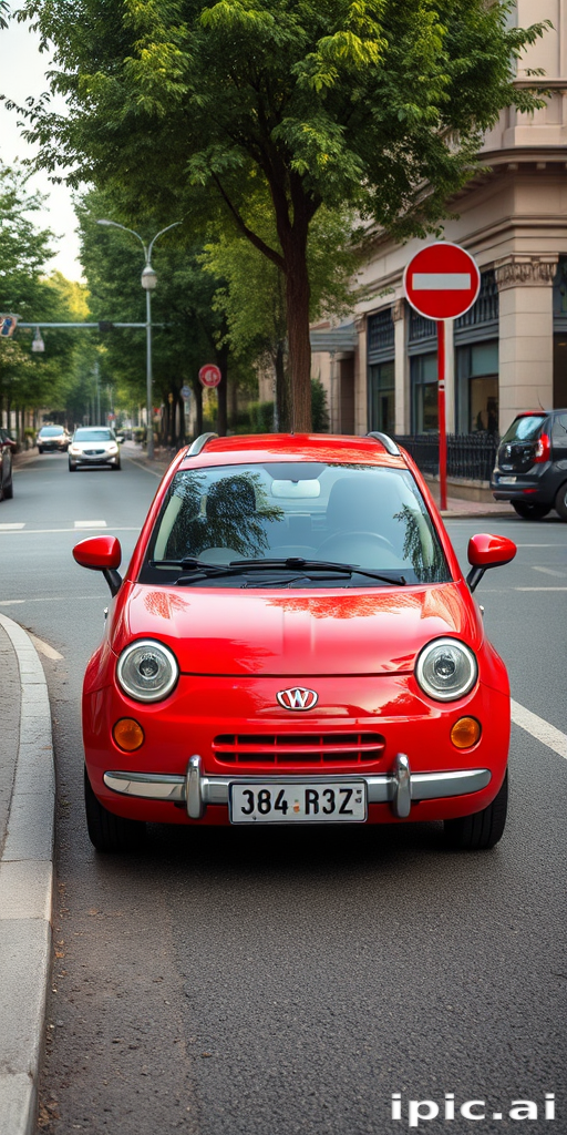 A Bright Red Compact Car Parked on a Tree-Lined City Street.