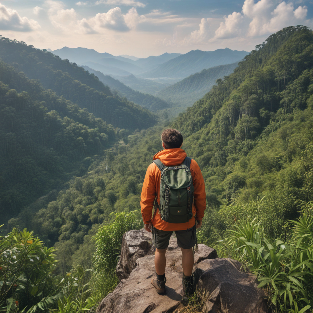 Explorer looks over jungle from mountain