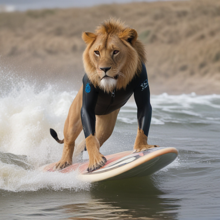 A lion in a wetsuit surfing