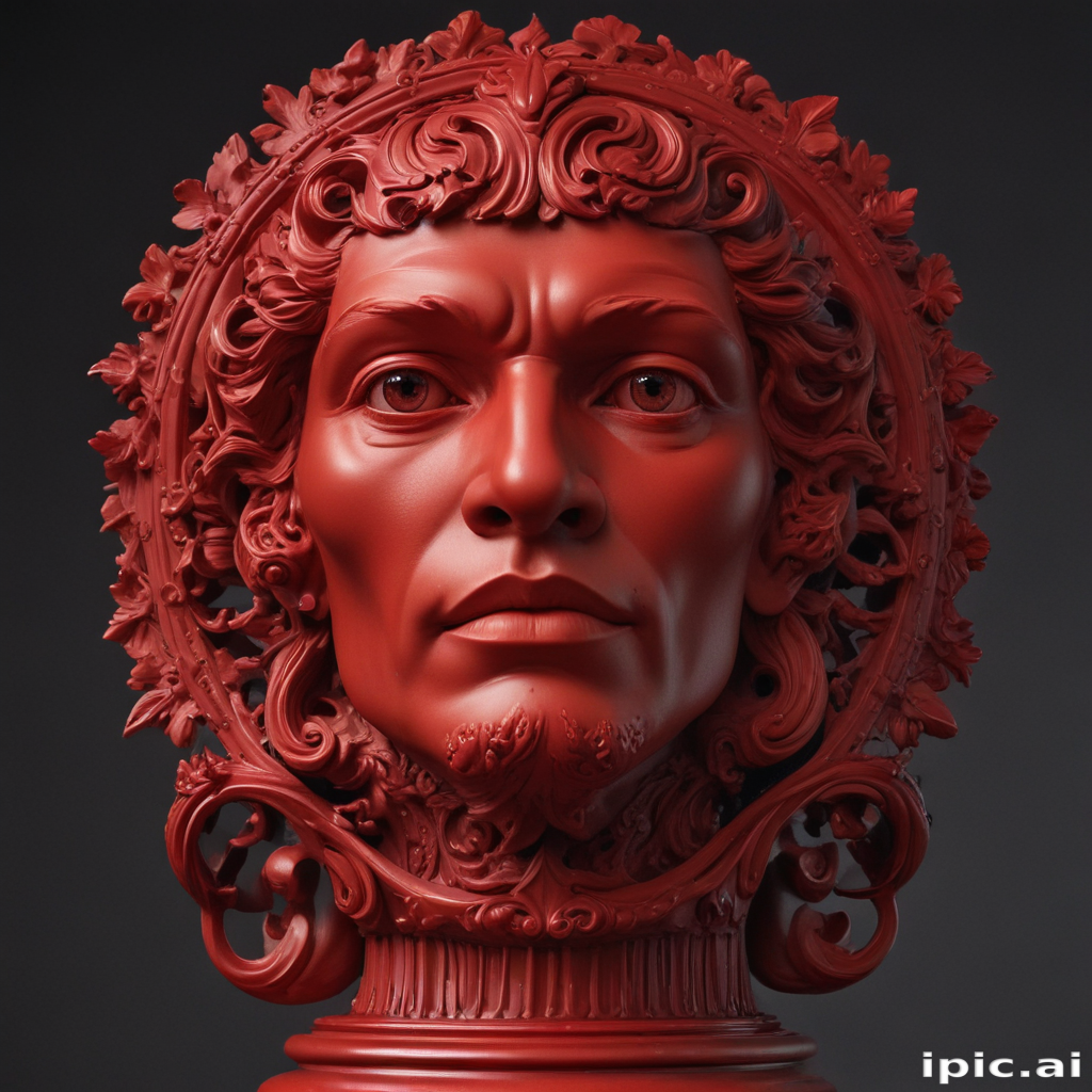 Intricate Red Sculpture of a Regal Figure Surrounded by Ornate Details