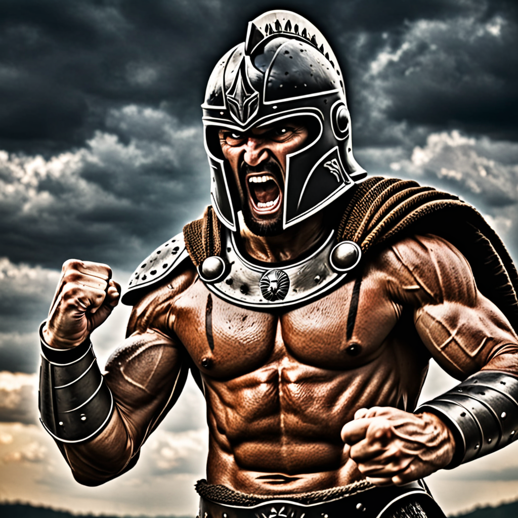 Realistic portrait of an angry Spartan warrior showing his fists