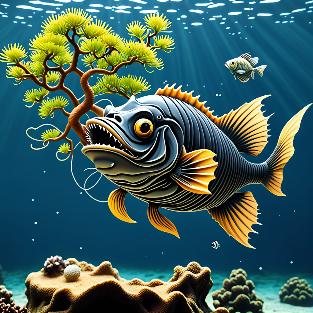 Cartoon angler fish eating a bonsai tree in the depths of the sea