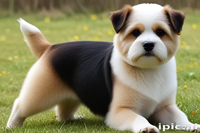 Adorable Puppy Playfully Posing in a Sunny Meadow Full of Flowers.