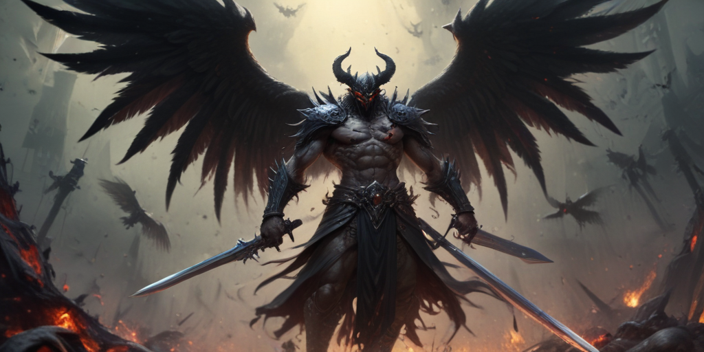 flying demon with angel black wings and a thousand eyes. It has big ...