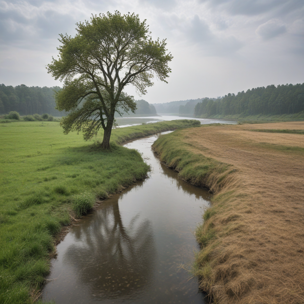 landscape with a river and a tree in the middle