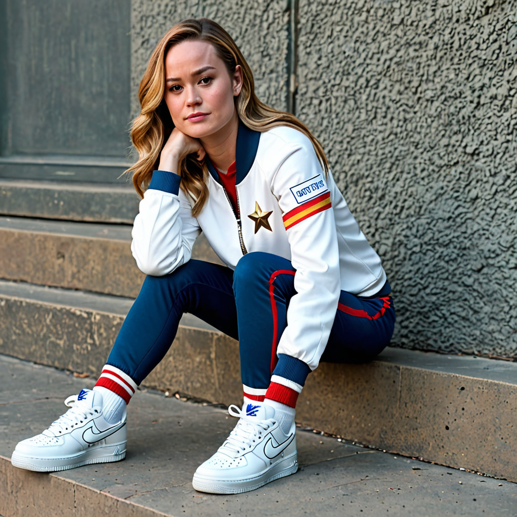 Brie Larson Carol Danvers sitting in her Captain Marvel Costume, White ...
